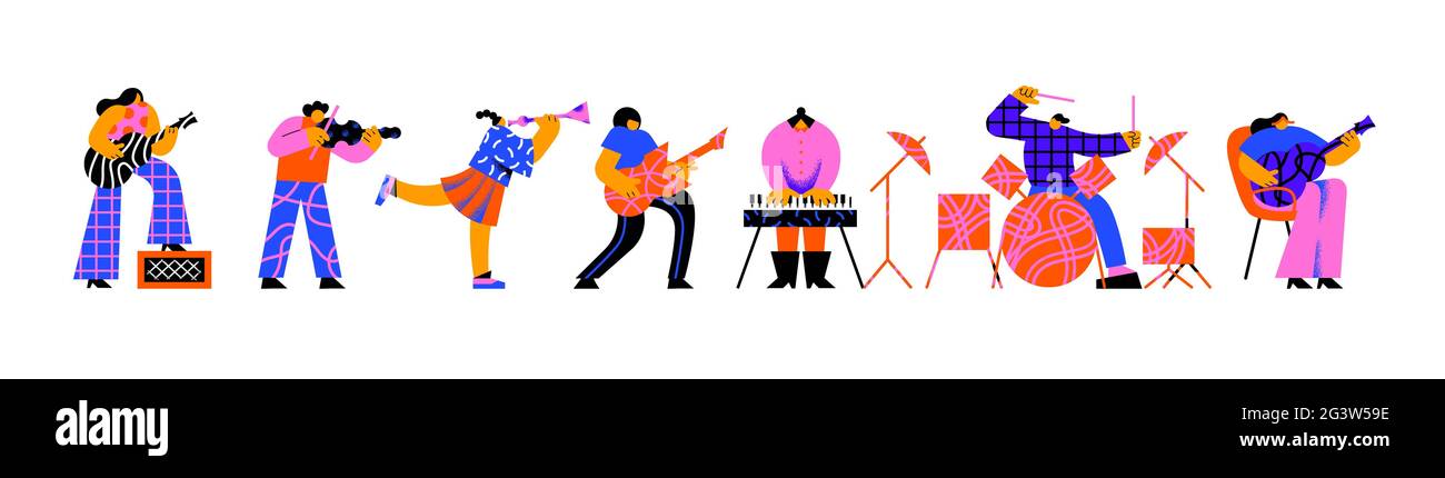 Set of diverse young people playing different musical instruments on ...