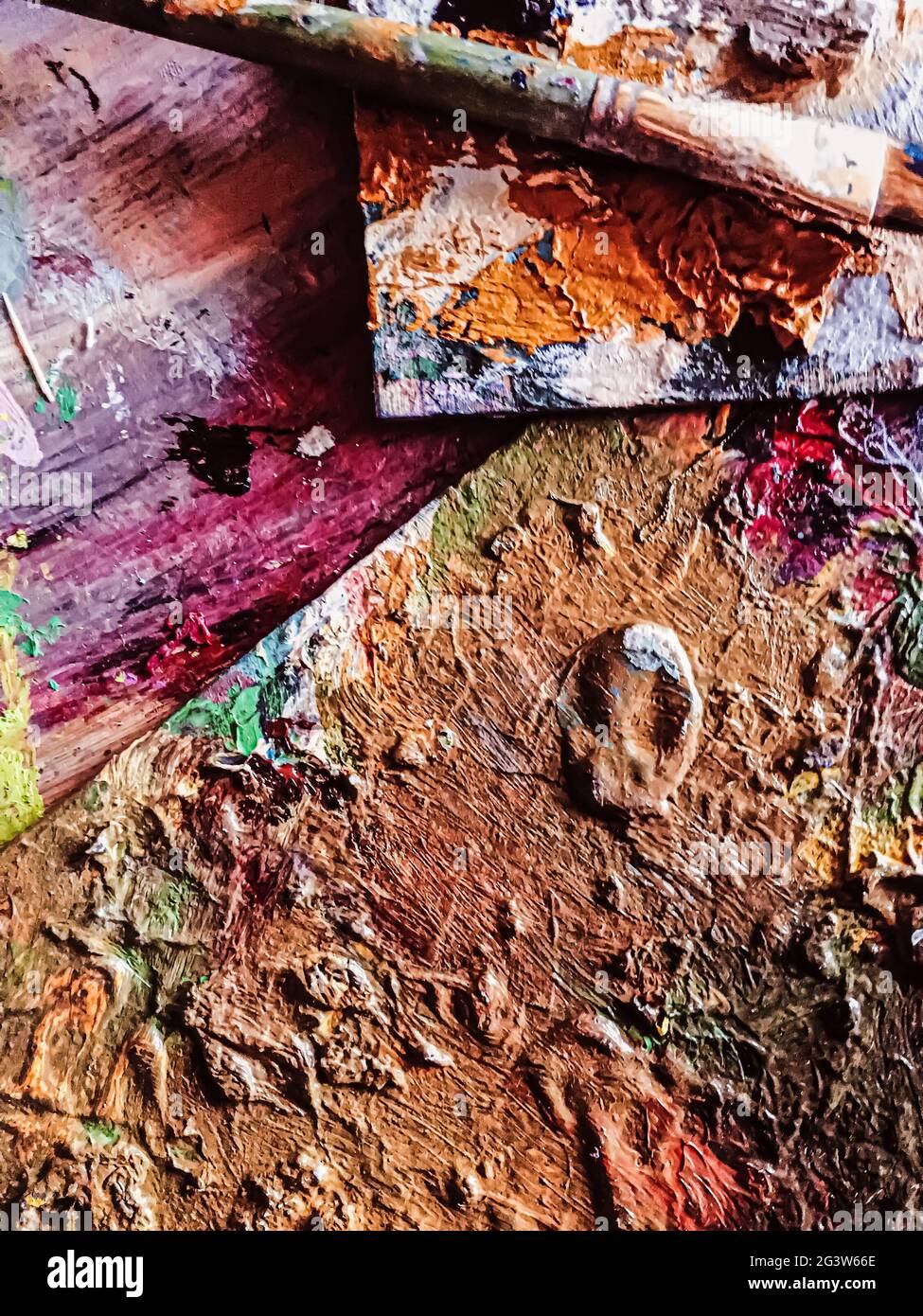 Art tools in artist studio, paint brushes and oil palette, creative ...