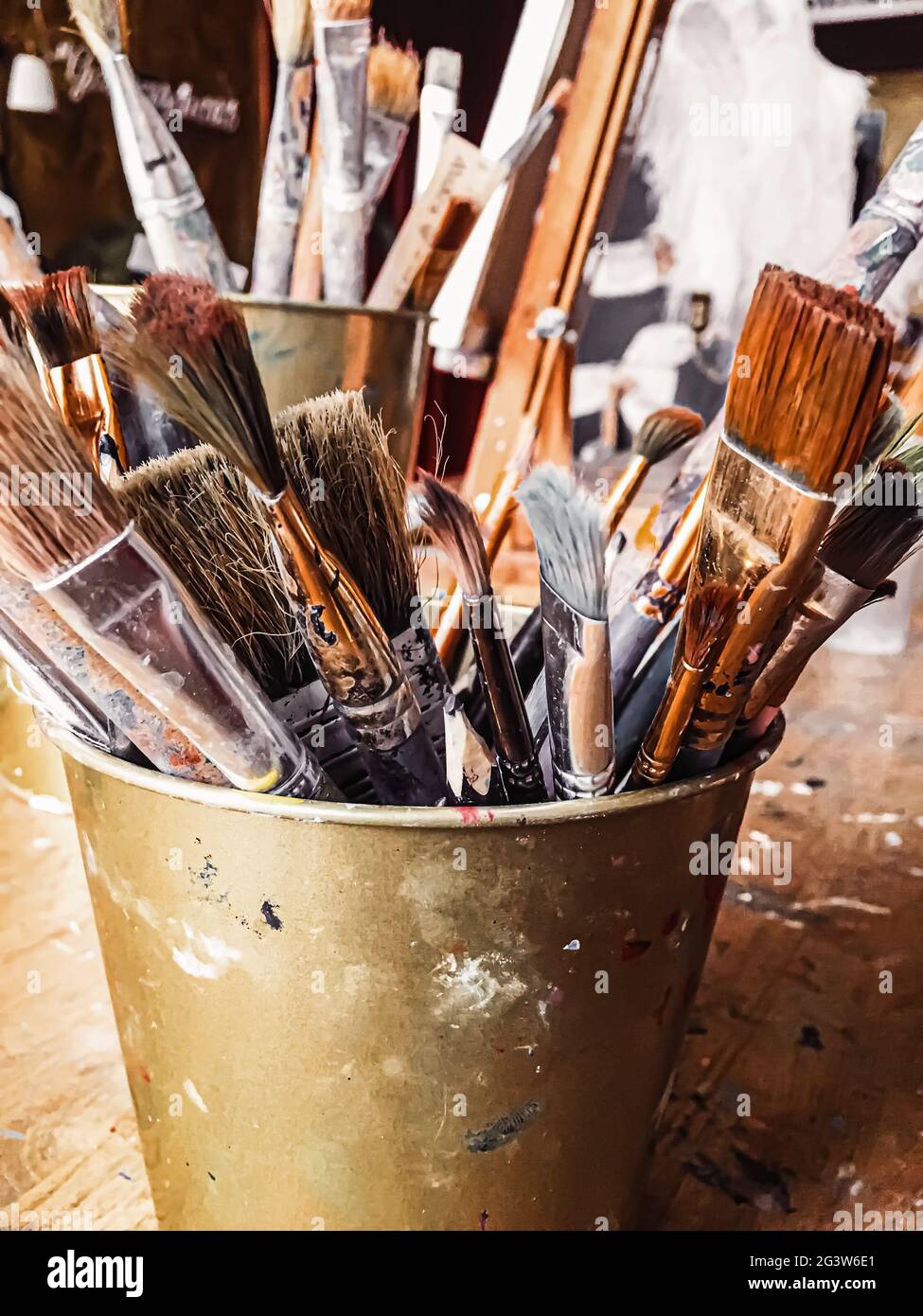 Art tools in artist studio, paint brushes and oil palette, creative ...