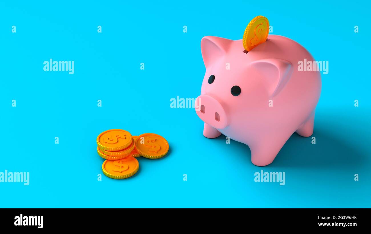 Piggy bank with coins on a blue background. Saving money. Coins fall ...