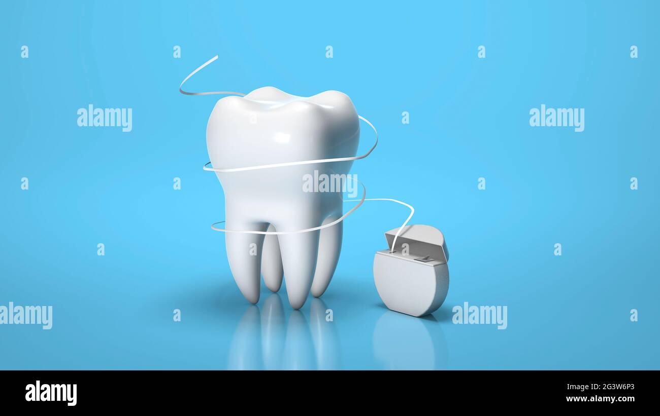 Dental floss. Flossing your teeth. Tooth and dental floss on a blue ...