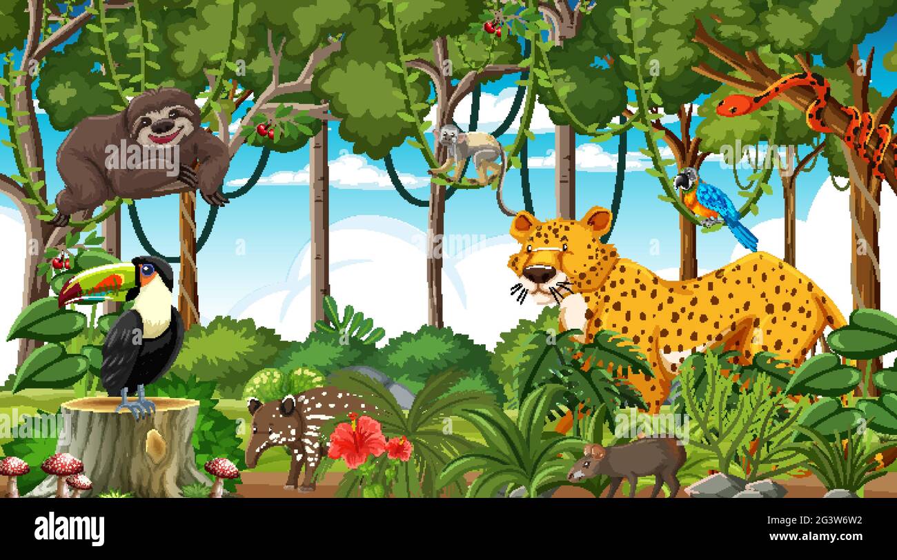Forest at daytime scene with different wild animals illustration Stock ...