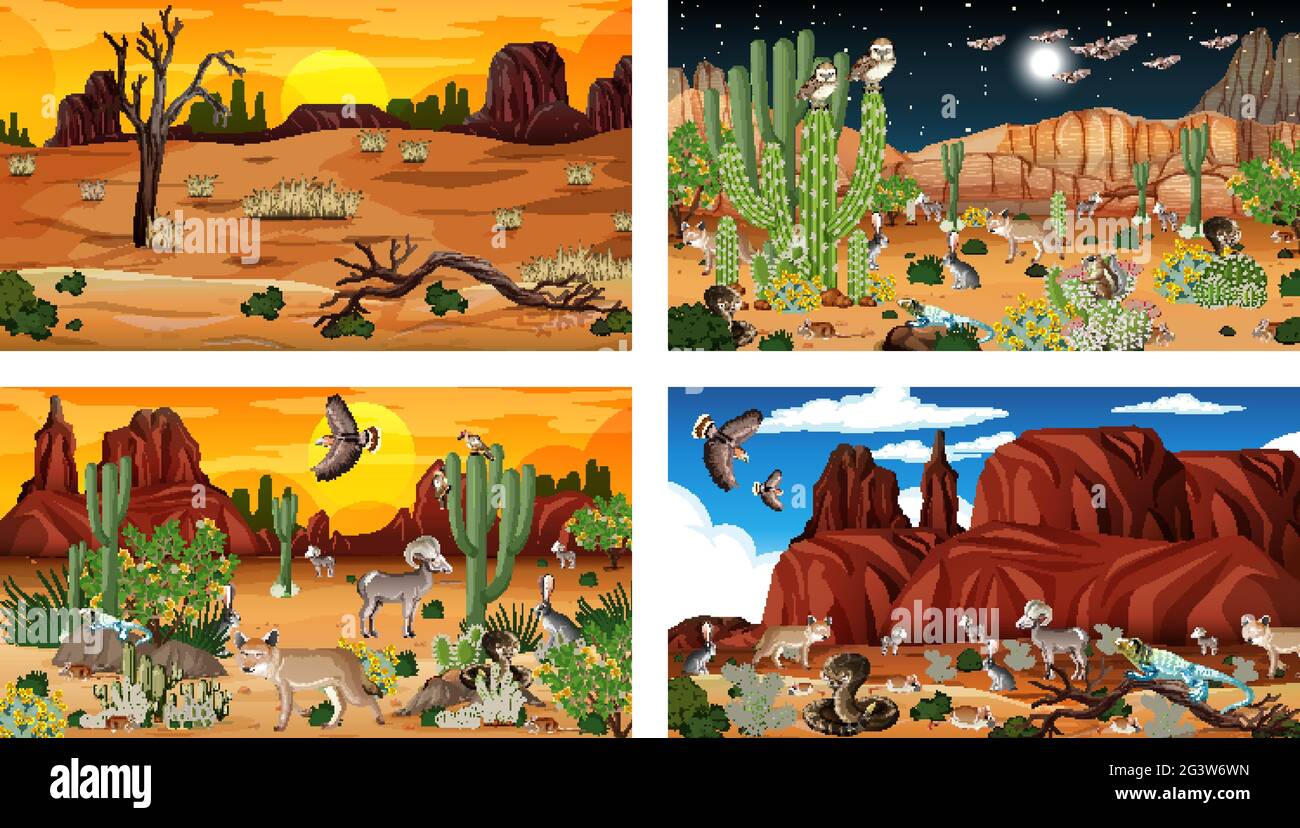Different desert forest scenes with animals and plants illustration ...