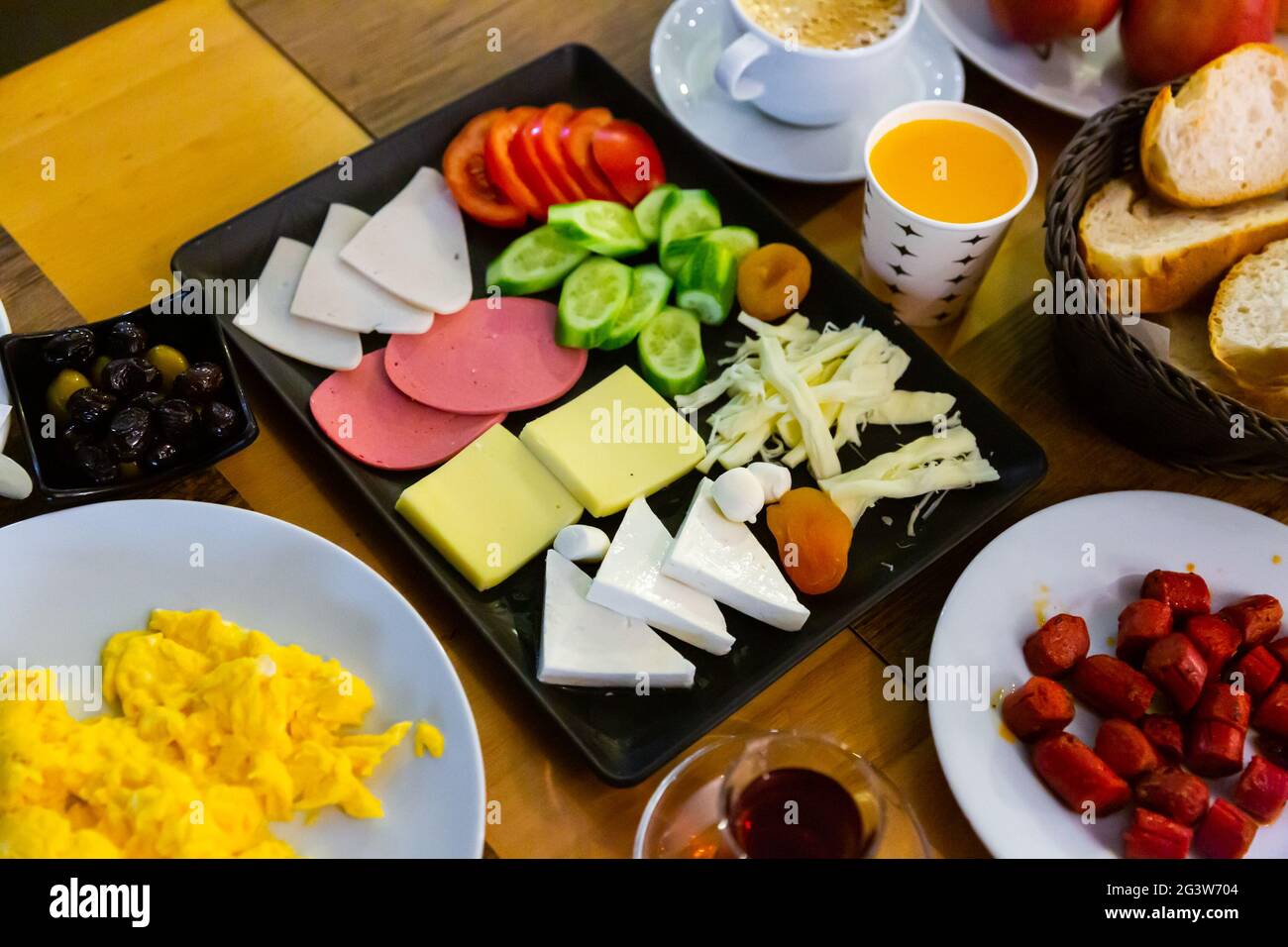 Rich and delicious Turkish breakfast on hotel table without people ...