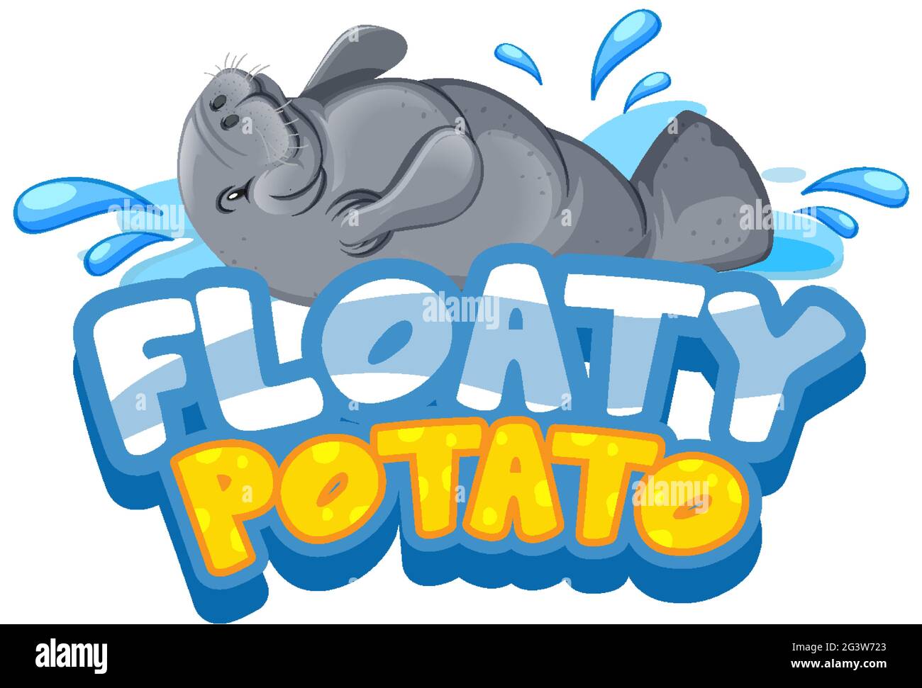 Manatee cartoon character with Floaty Potato font banner isolated ...