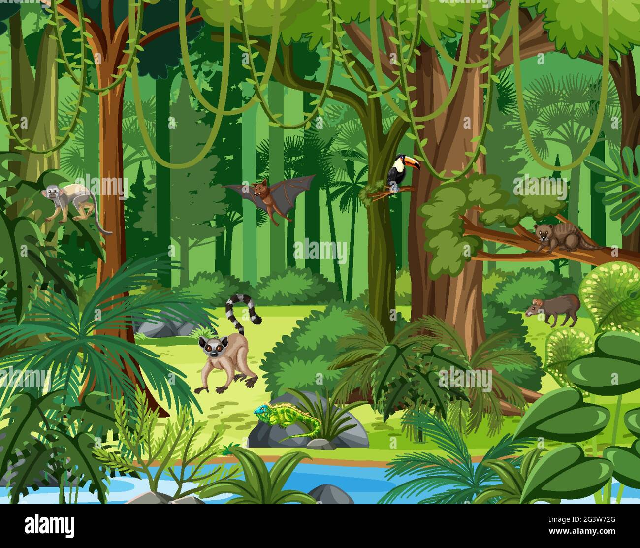 Wild animals with stream flowing through the forest scene illustration ...