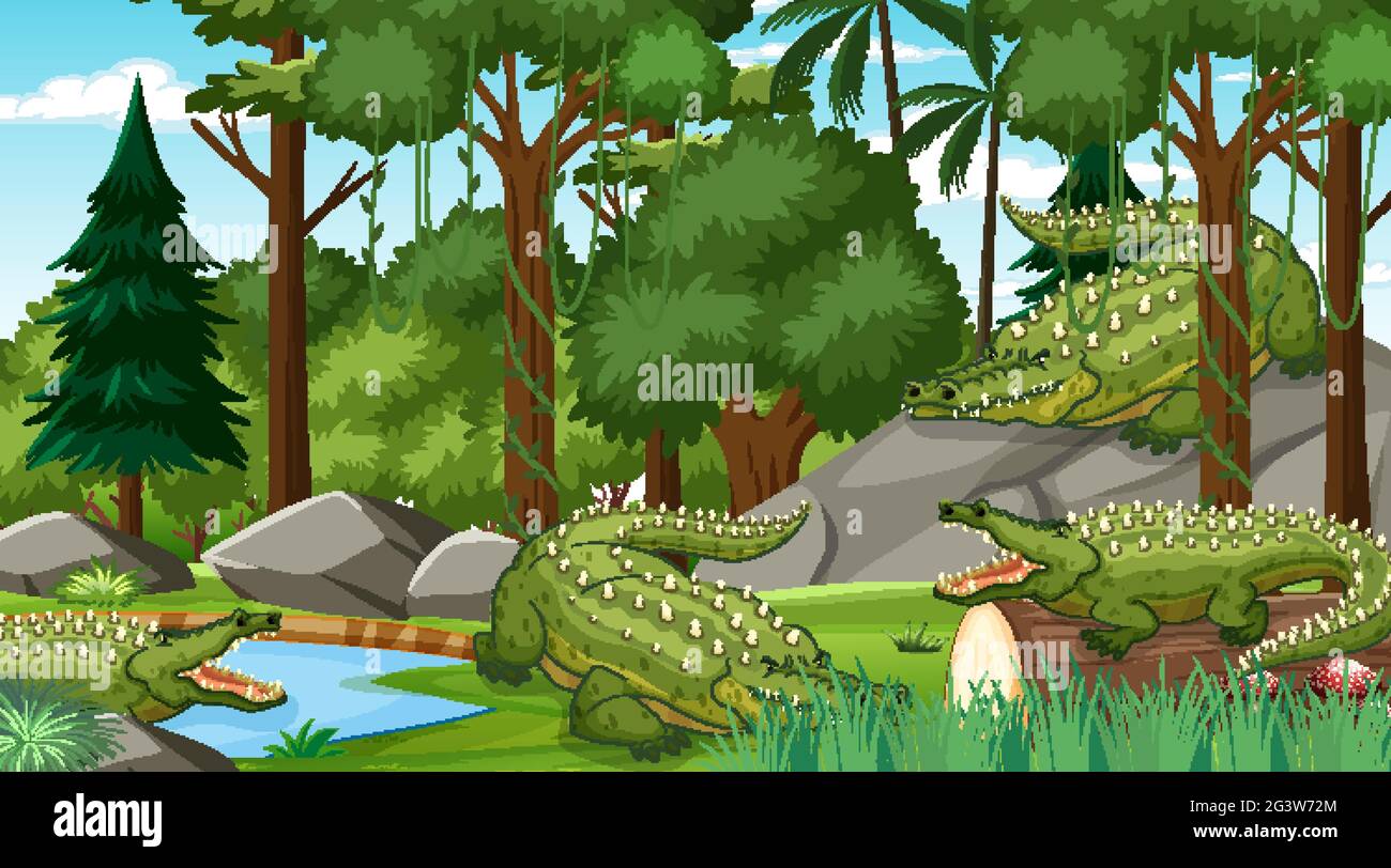 Crocodile group in forest at daytime scene with many trees illustration ...