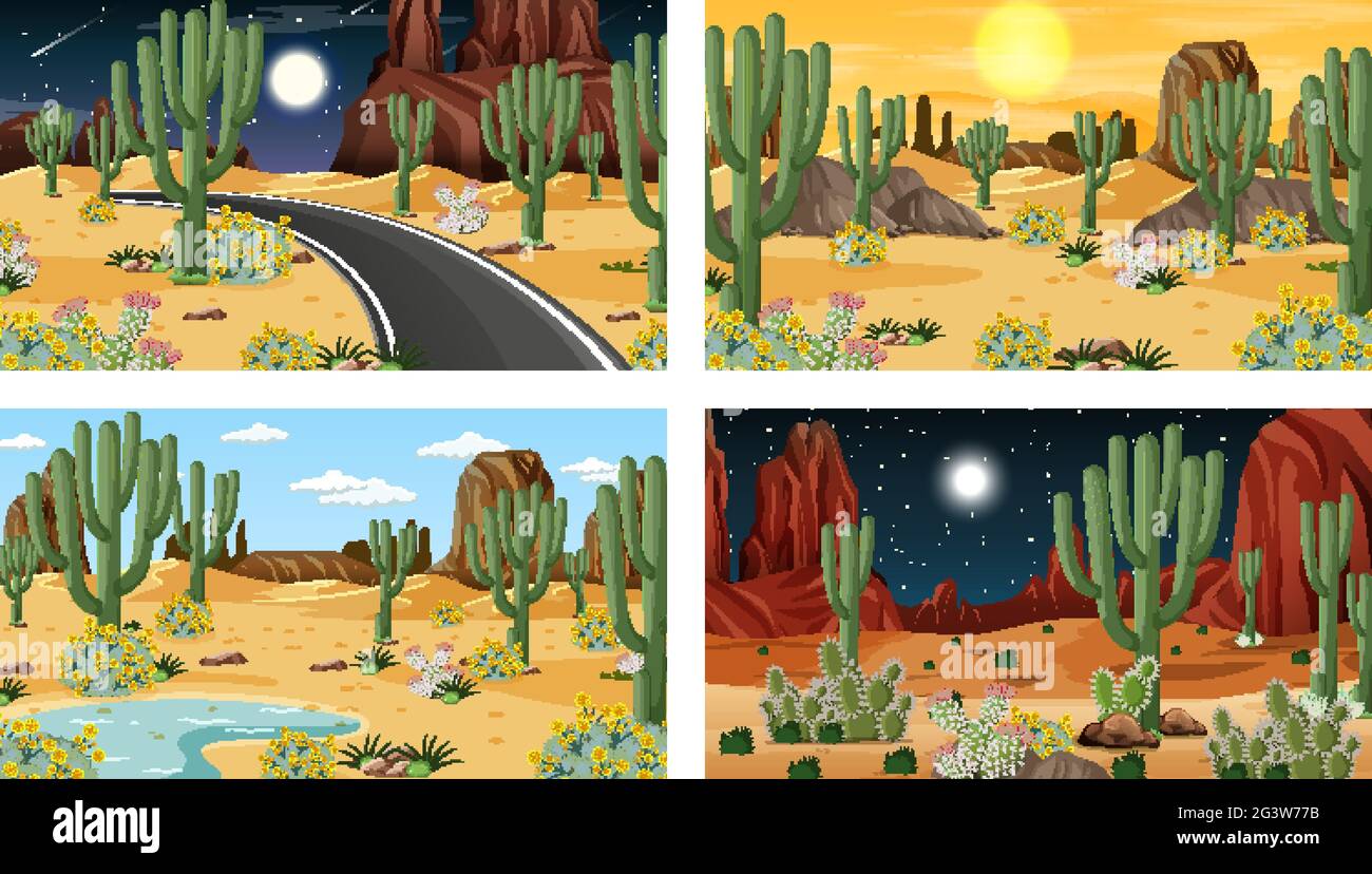Different scenes with desert forest landscape illustration Stock Vector ...