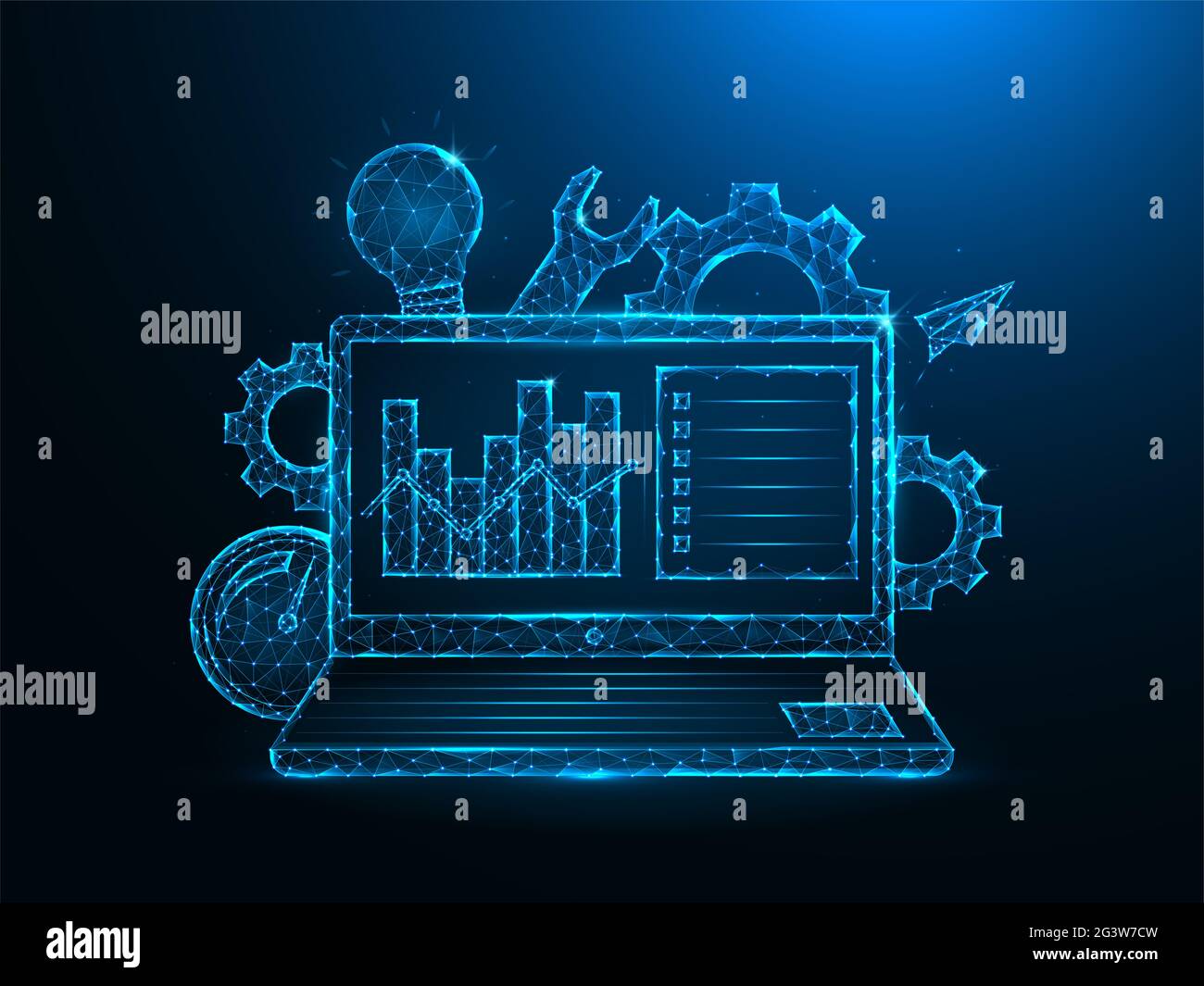 SEO optimization low poly art. Laptop, gears, light bulb, speedometer ...