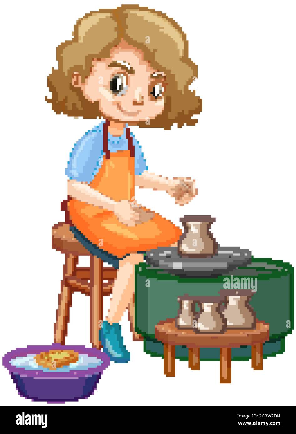 Cartoon character girl making pottery clay on white background ...