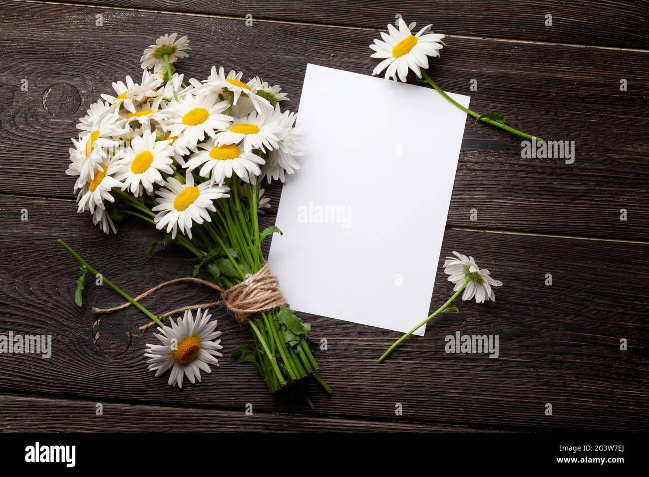 Garden camomile flowers bouquet on wooden table and greering card ...