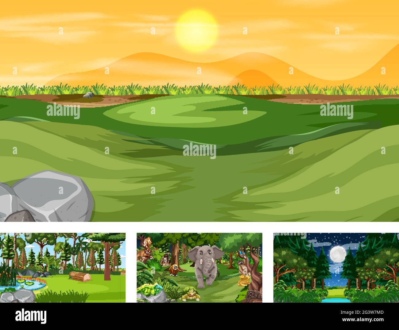 Different nature scenes of forest and rainforest with wild animals ...