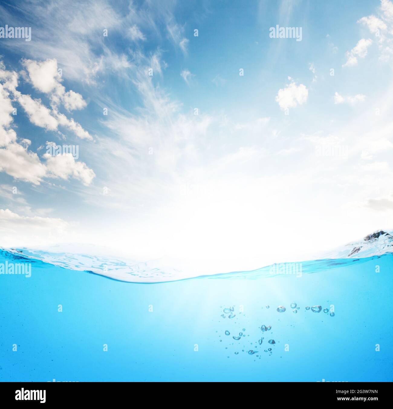 Waterline with sea underwater and blue sunny sky with clouds Stock ...