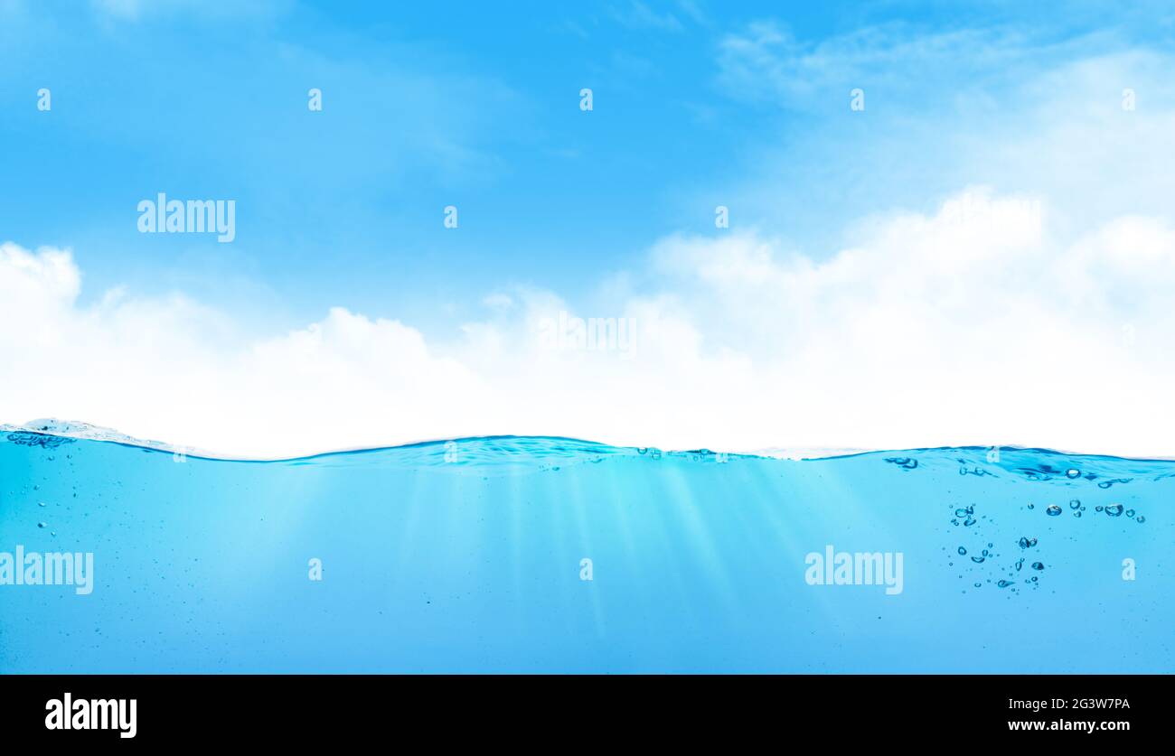 Waterline with sea underwater and blue sunny sky with clouds Stock ...
