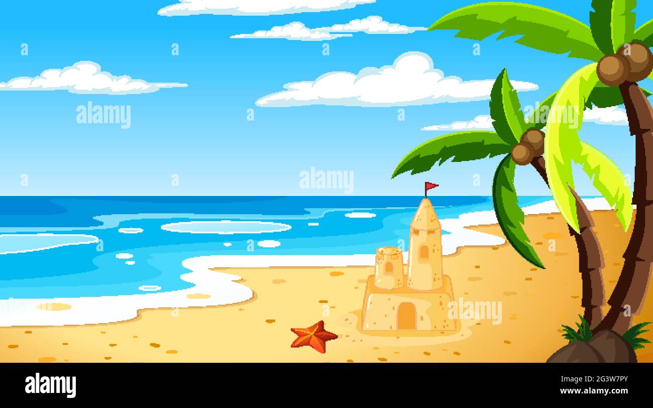 Beach at daytime landscape scene with sky background illustration Stock ...