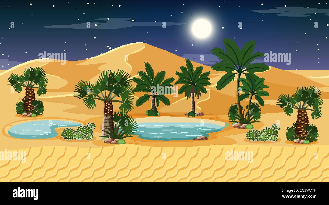Desert forest landscape at night scene with oasis illustration Stock Vector Image & Art - Alamy