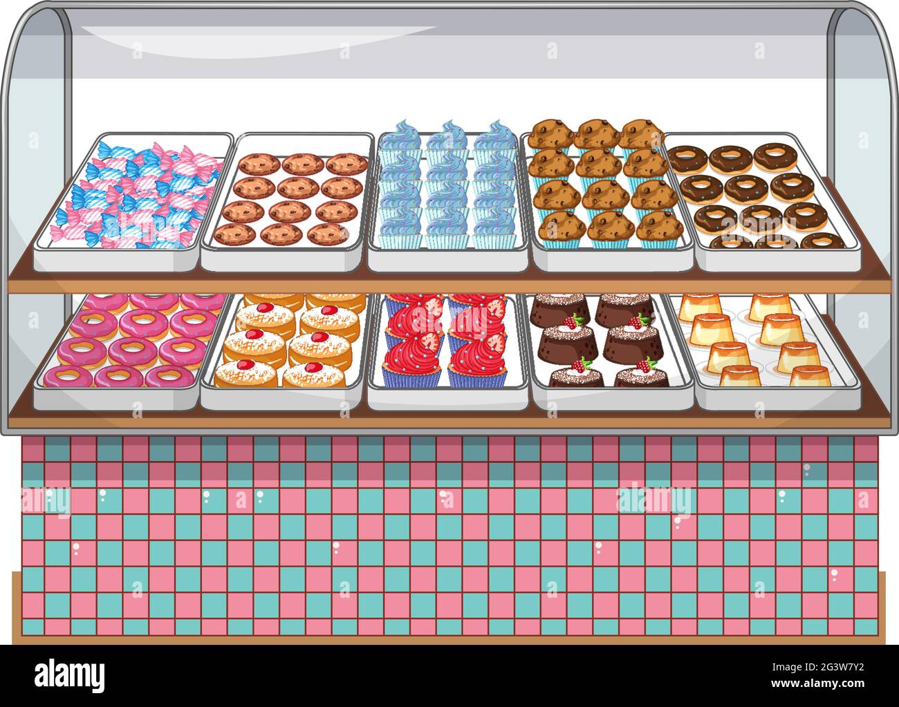 Bakery display stand with cake and sweet on white background ...
