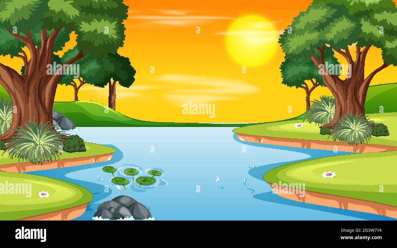 Landscape scene of forest with river and many trees illustration Stock ...