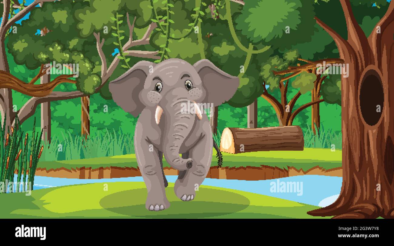 Elephant in forest or rainforest scene with many trees illustration ...