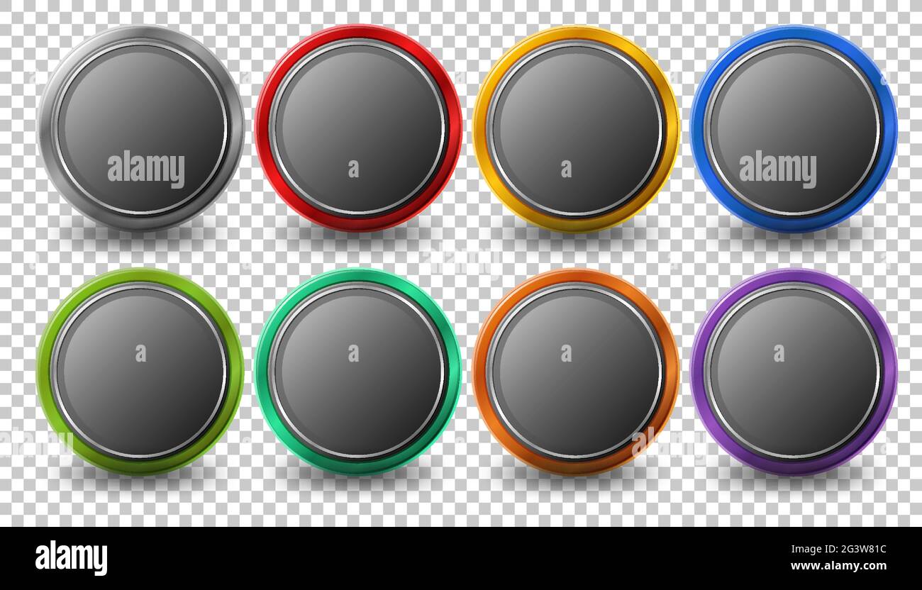 Set of rounded circle button with metal frame isolated on transparent ...