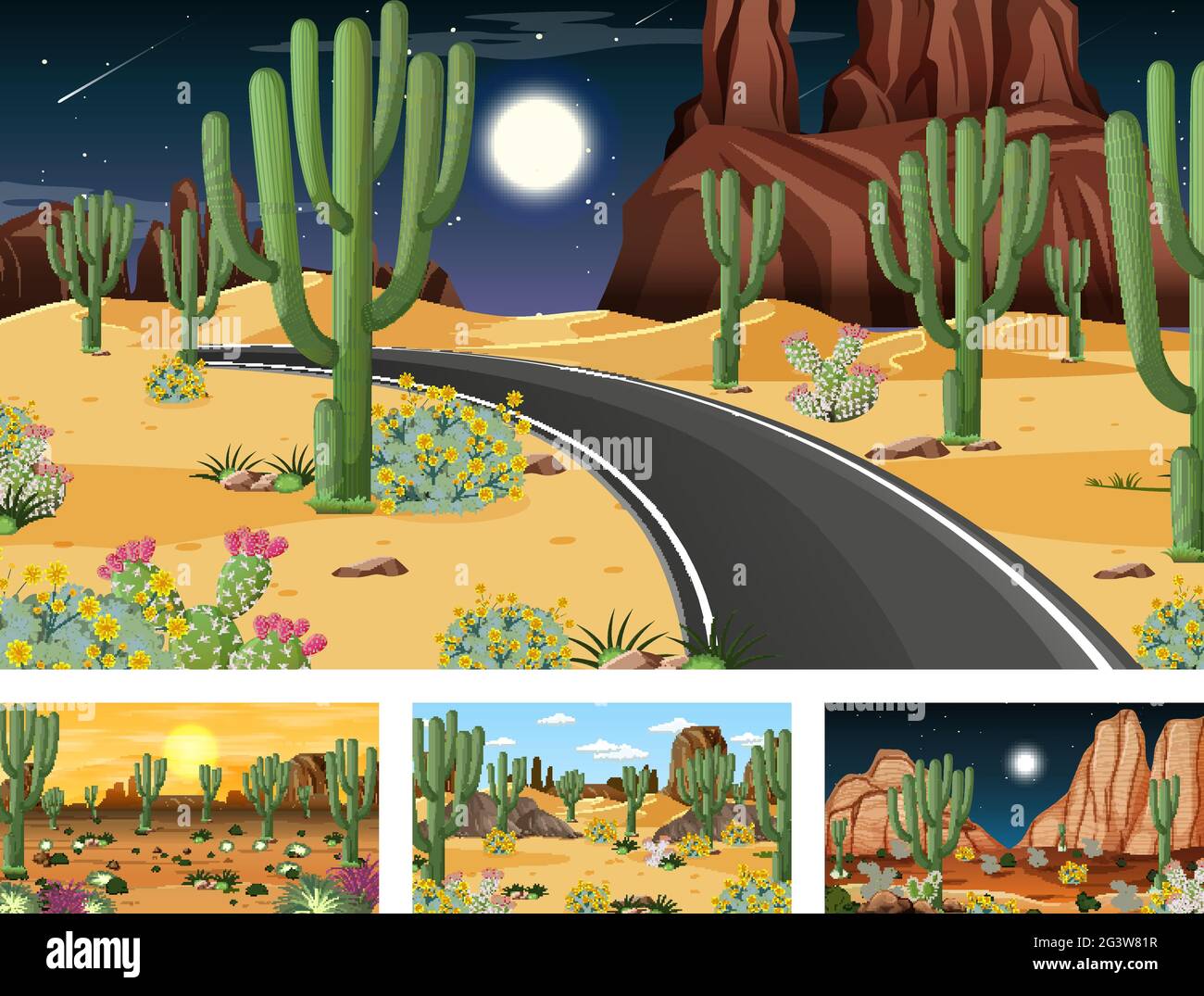 Different desert forest landscape scenes with various desert plants ...