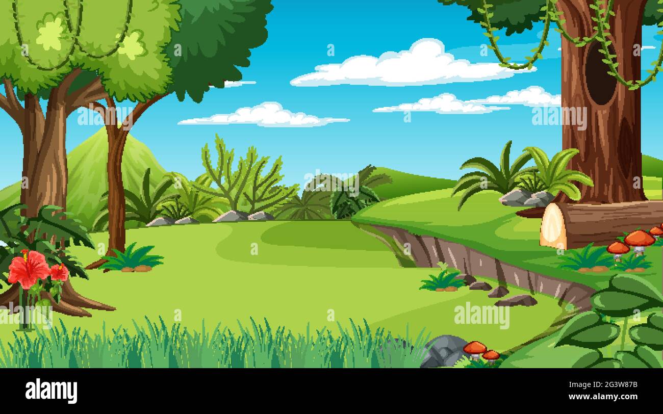 Forest scene with various forest trees illustration Stock Vector Image ...