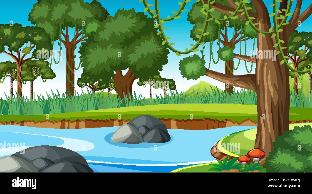 Nature scene with stream flowing through the forest illustration Stock ...