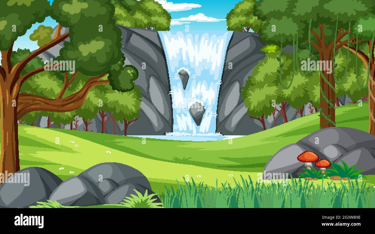 Forest scene with various forest trees and waterfall illustration Stock ...
