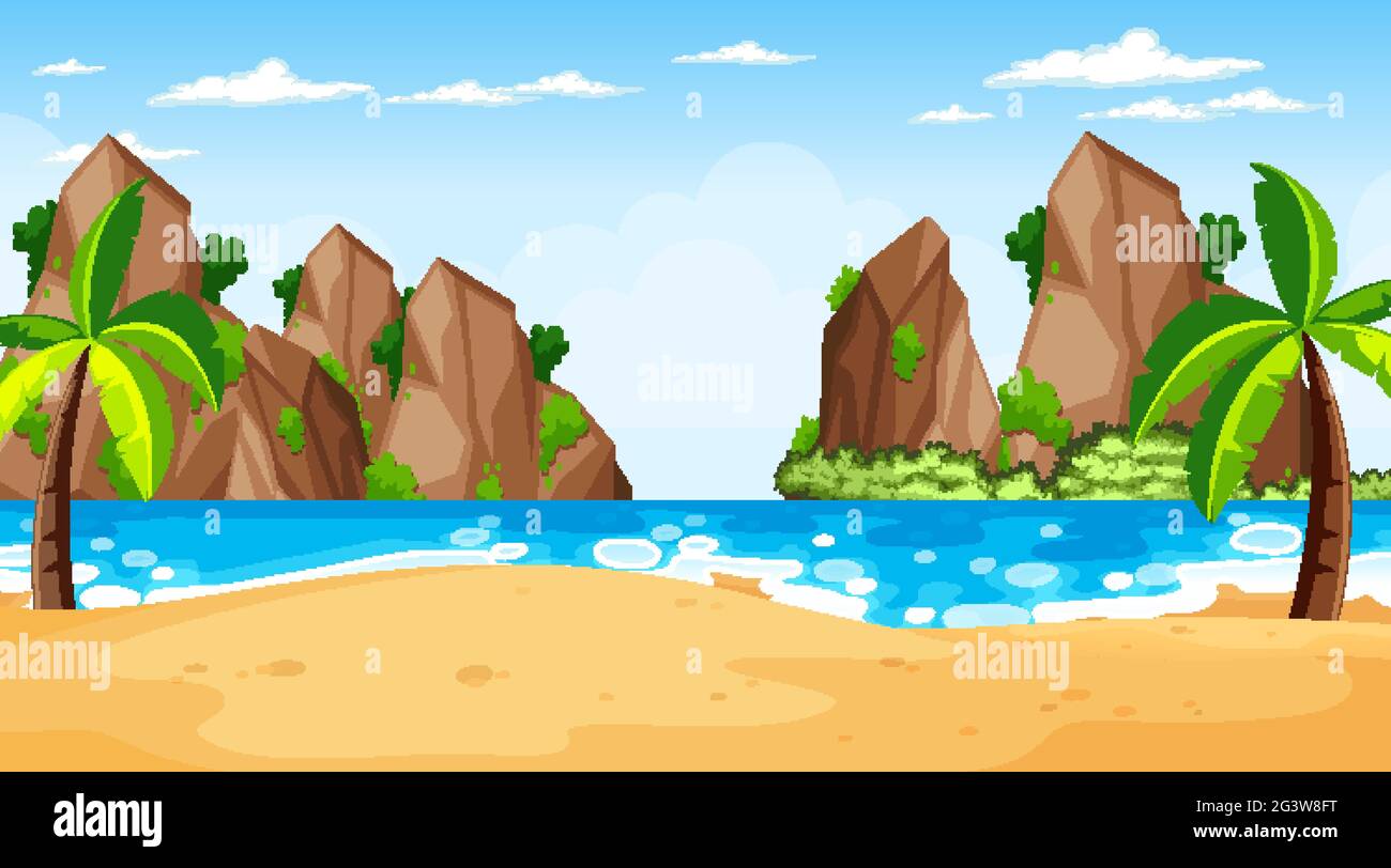 Tropical beach landscape scene at day time illustration Stock Vector ...