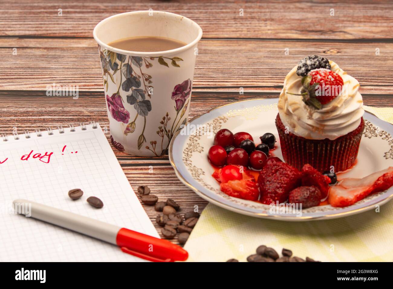 food photo on wooden background cupcake with berries and coffee ...