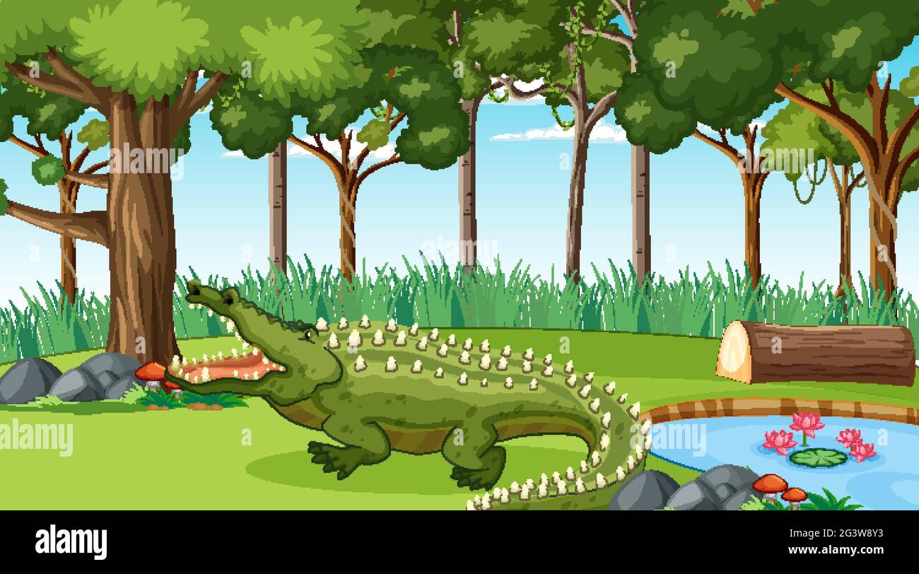 A crocodile in forest at daytime scene with many trees illustration ...