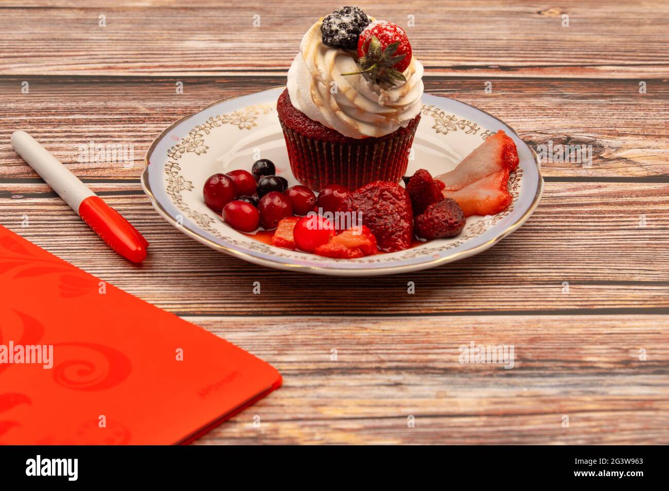 food photo on wooden background cupcake with berries and coffee ...