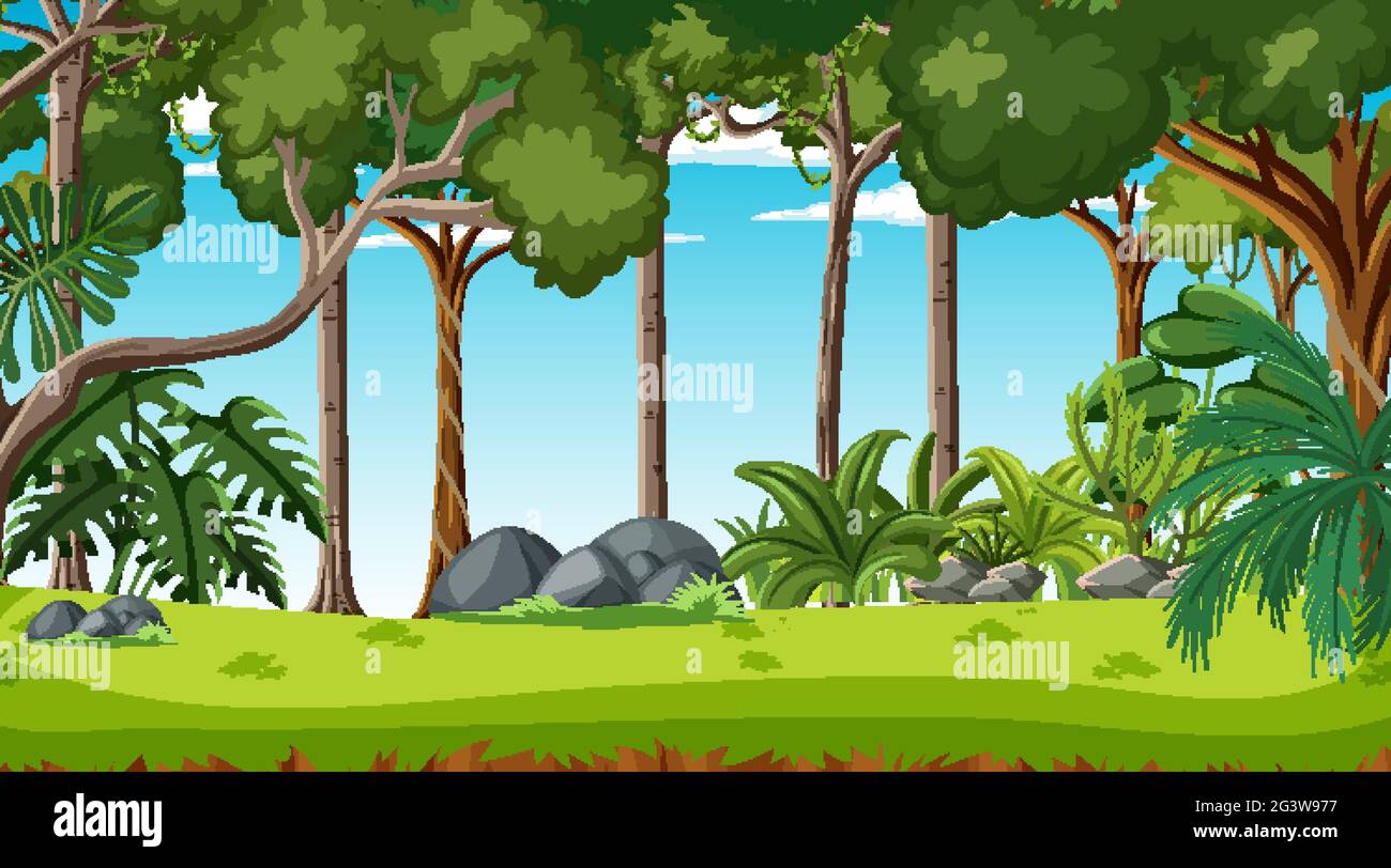 Forest at daytime scene with various forest trees illustration Stock ...