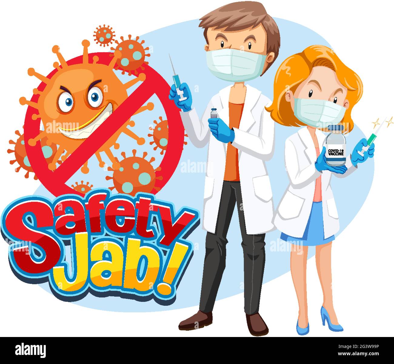 Safety Jab font banner with doctor and coronavirus cartoon chracter ...