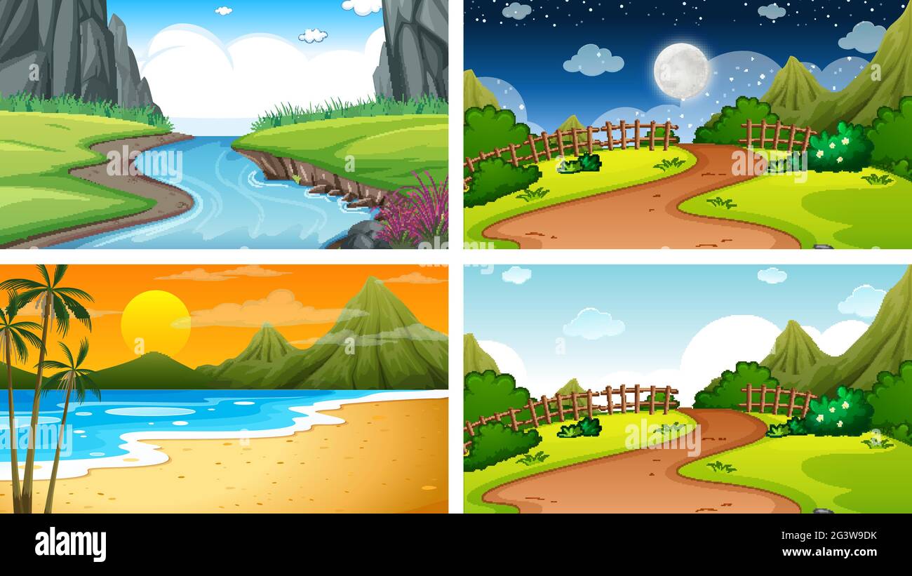 Four different scene of nature park and forest illustration Stock ...
