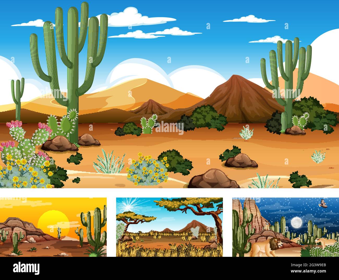 Different scenes with desert forest landscape illustration Stock Vector ...