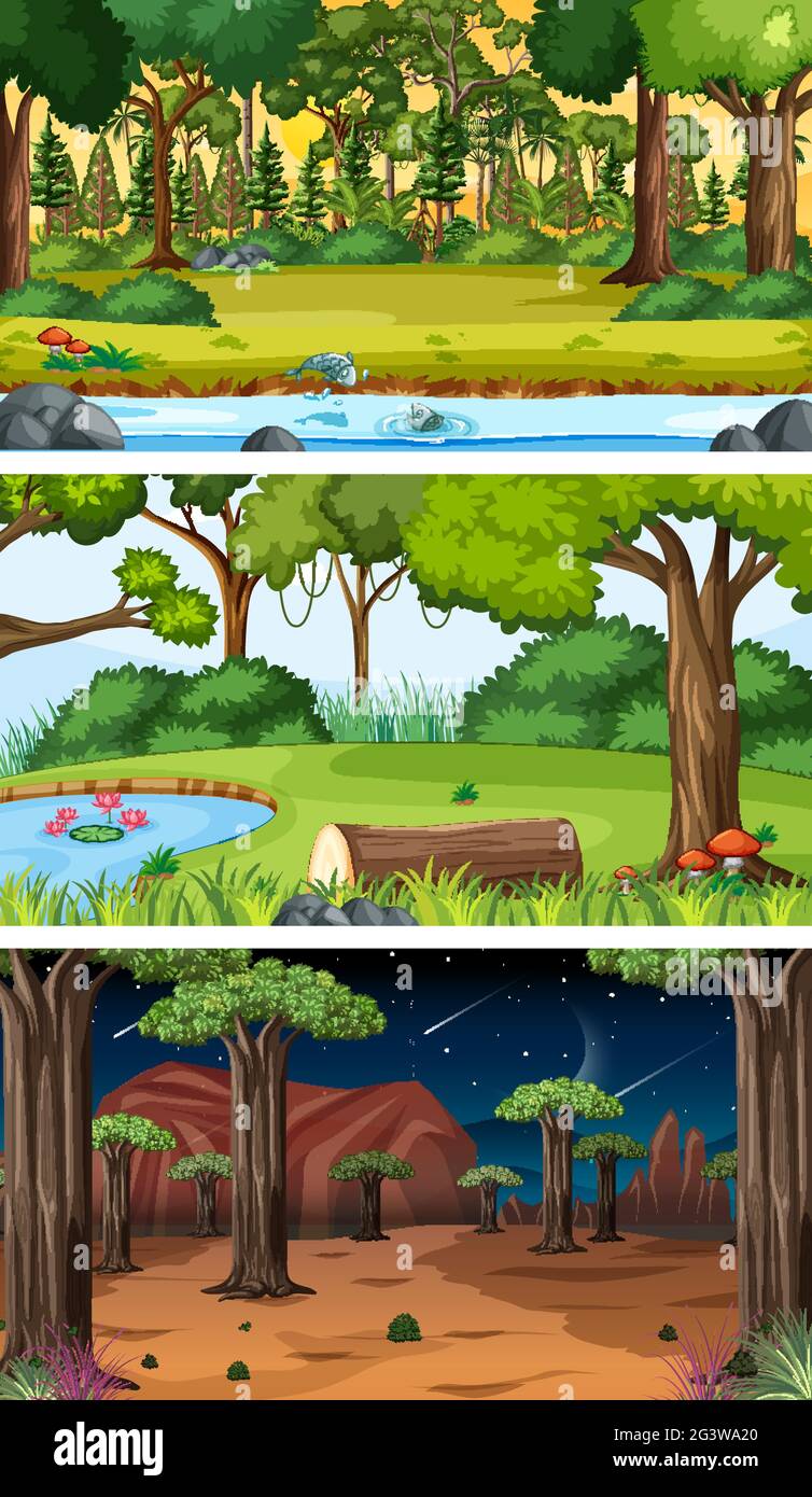 Set of different forest horizontal scenes in different times ...