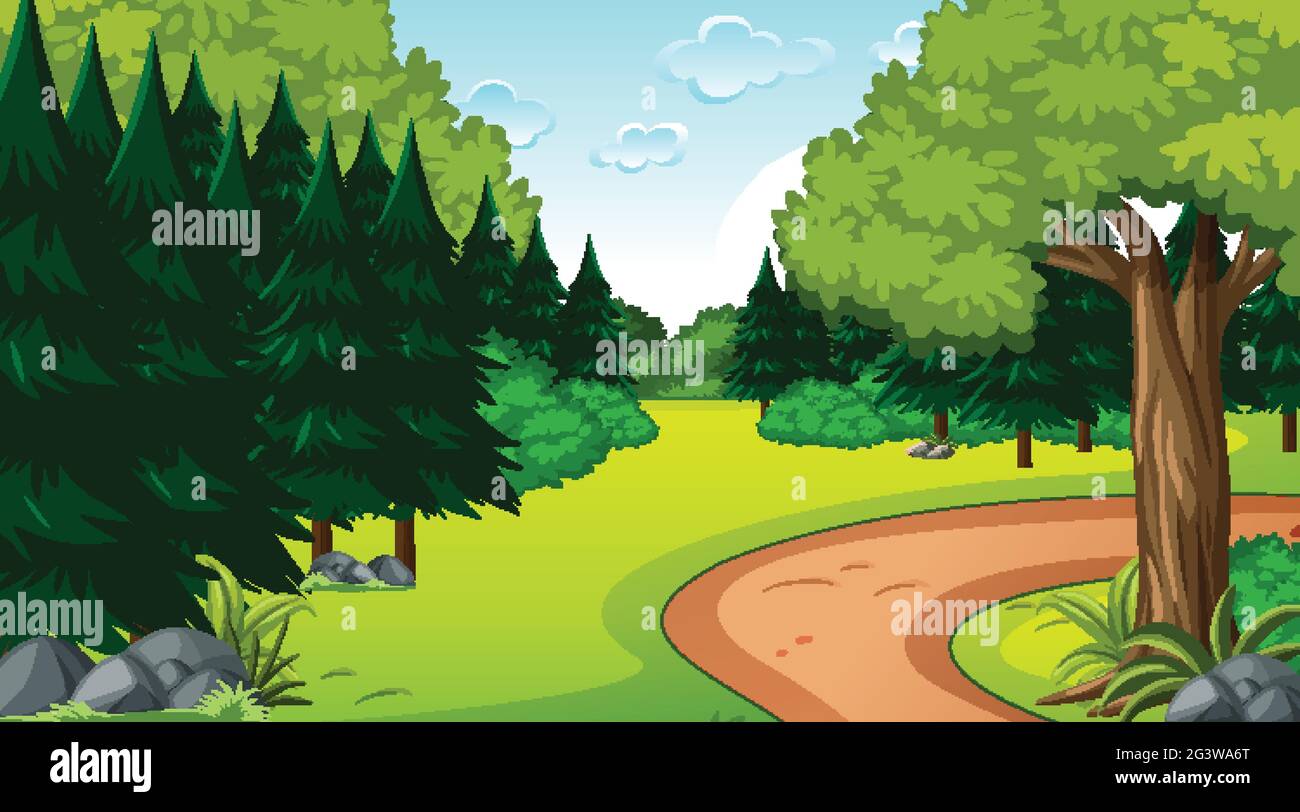 Blank forest at daytime scene with various forest trees illustration ...