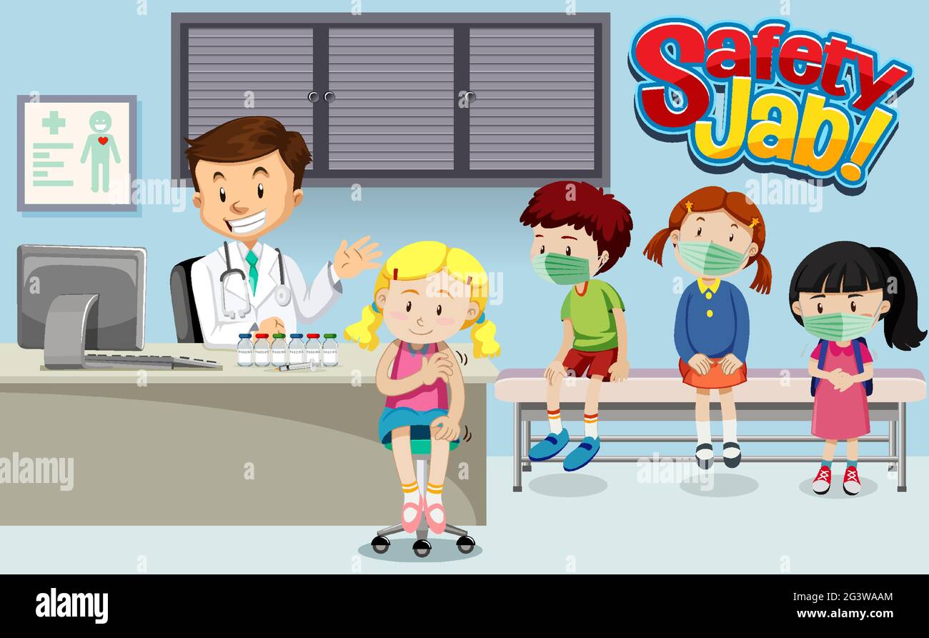 Many kids waiting in queue to get vaccine with a doctor cartoon ...