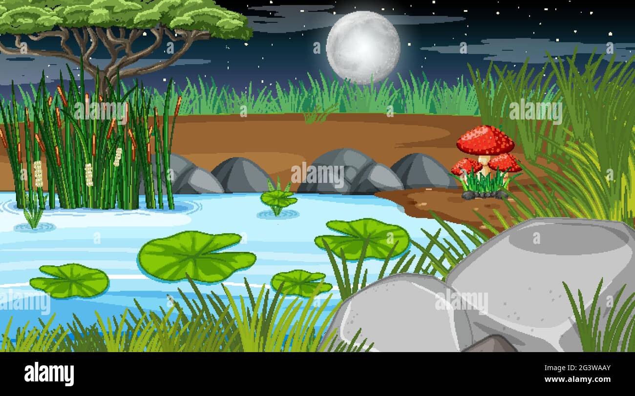 Nature forest landscape at night scene illustration Stock Vector Image ...