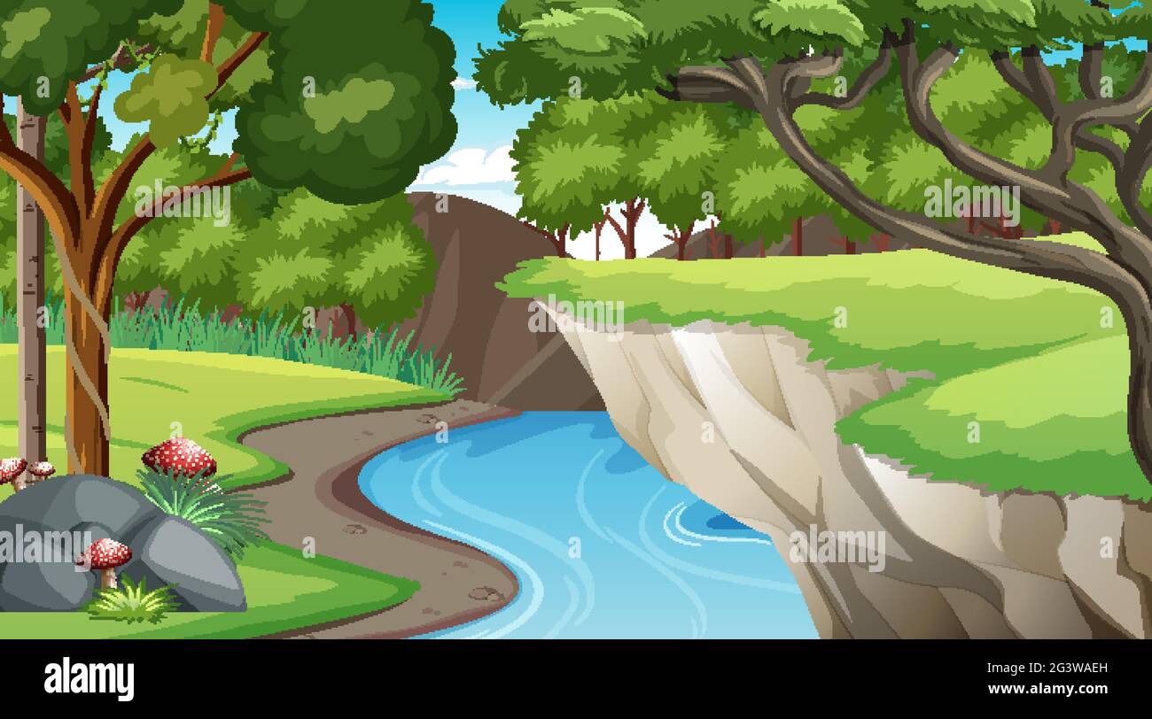 Nature scene with stream flowing through the forest illustration Stock ...