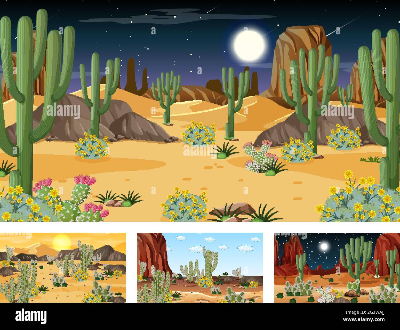 Four different desert forest landscape scenes with various desert ...