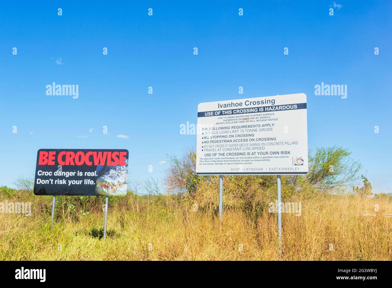 Sign warning of crocodile danger at Ivanhoe Crossing, Western Australia ...