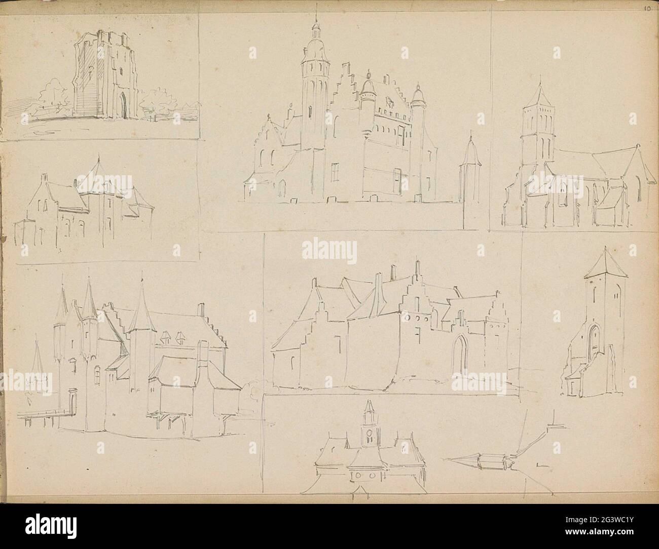 Study sheet with fortified buildings and a church. Study sheet with ...
