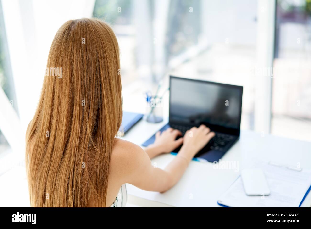 Back view of young businesswoman working with laptop in modern office ...