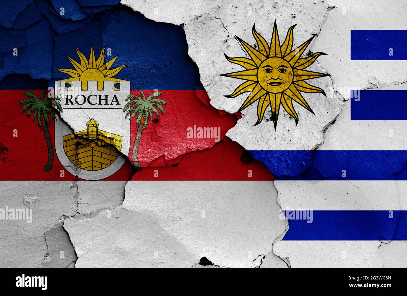 Flags of Rocha Department and Uruguay painted on cracked wall Stock ...