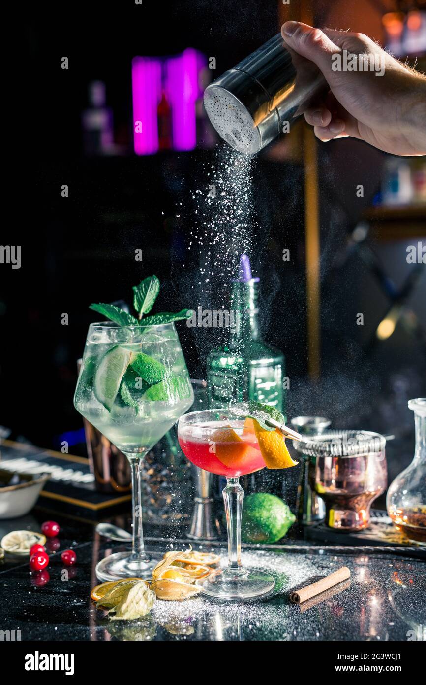 Set of alcoholic cocktails at the bar in the restaurant, cafe menu ...