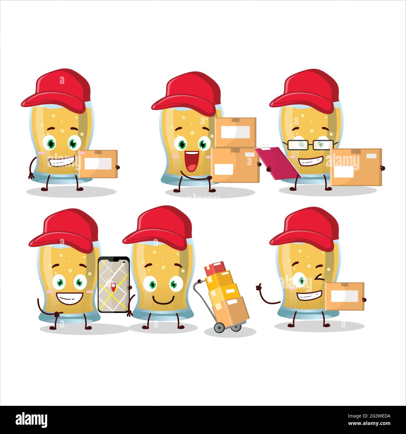 Cartoon character design of glass of cider working as a courier. Vector ...