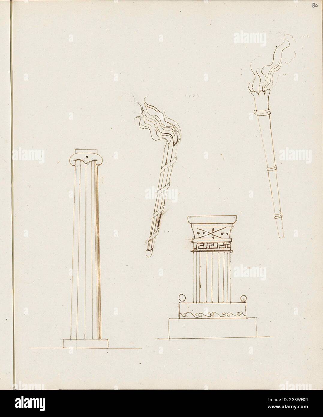 Ionian column, torches and a Greek altar. Leaf 80 Recto from a ...