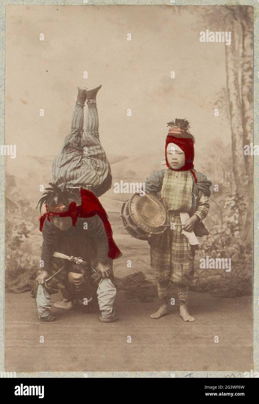 Portrait of three Japanese children: one drummer, two acrobats. Part of ...
